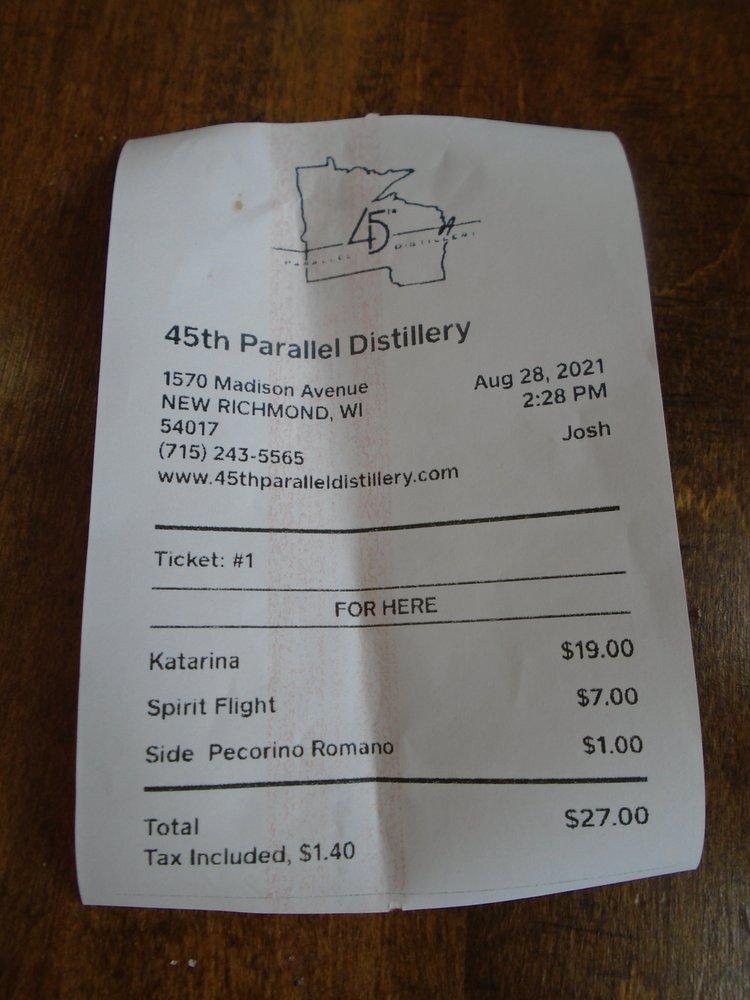 Menu at 45th Parallel Distillery pizzeria, New Richmond