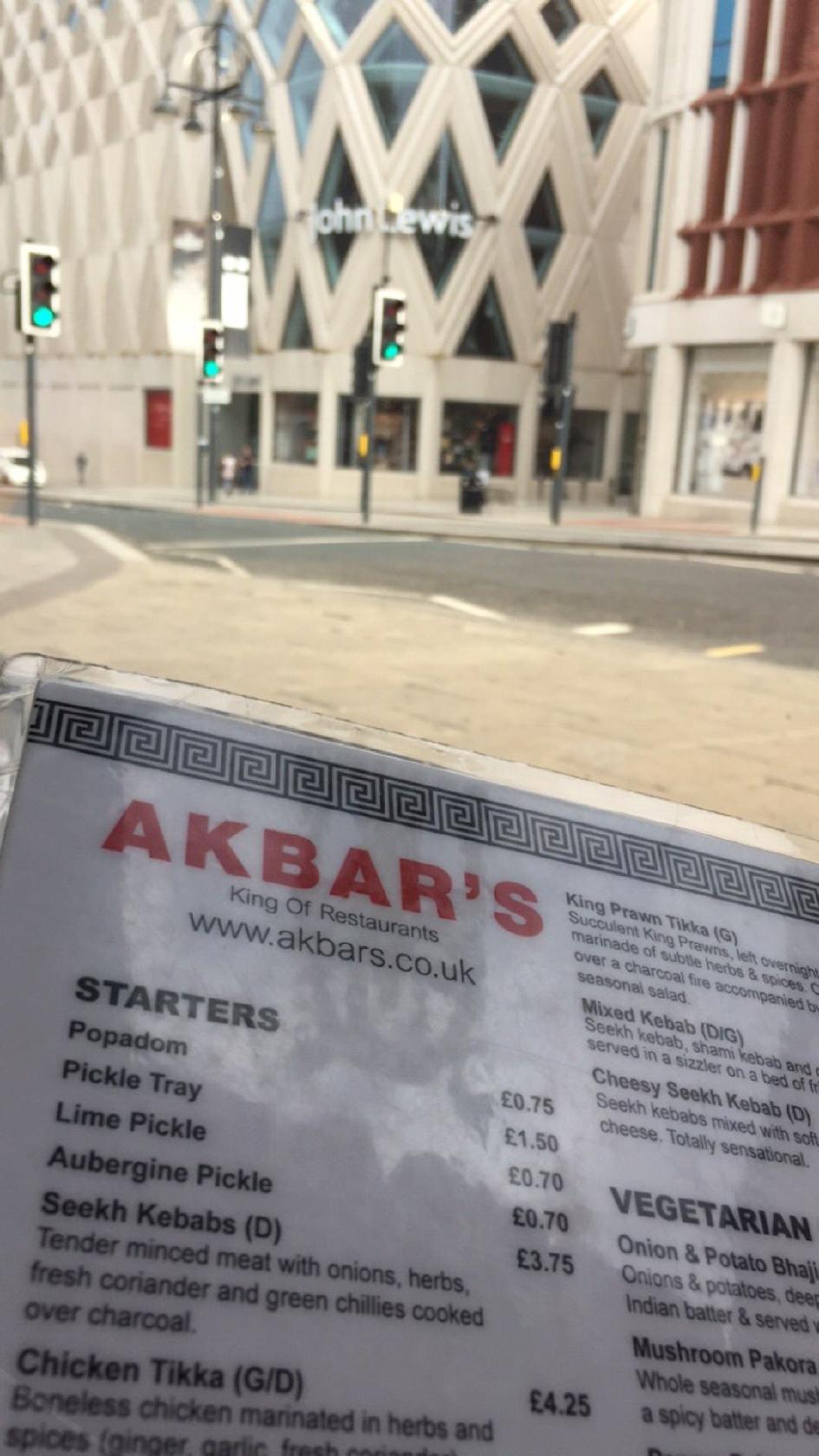 Menu at Akbar's Restaurant, Leeds, 15 Eastgate