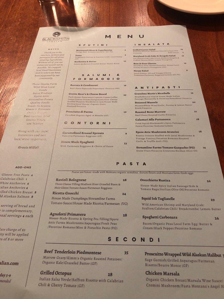 Menu at Blacksmith Italian restaurant, Bozeman