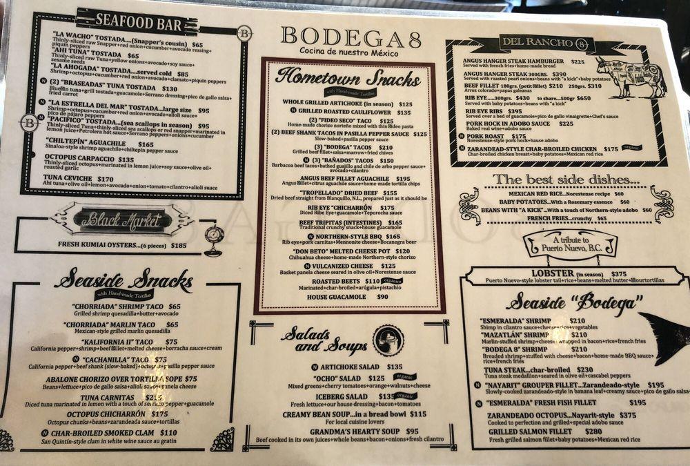 Menu at BODEGA 8 steakhouse, Tijuana, Blvd. Agua Caliente 10387