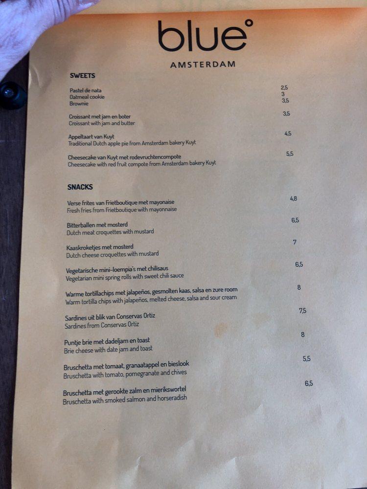 Menu at Blue Amsterdam, Amsterdam