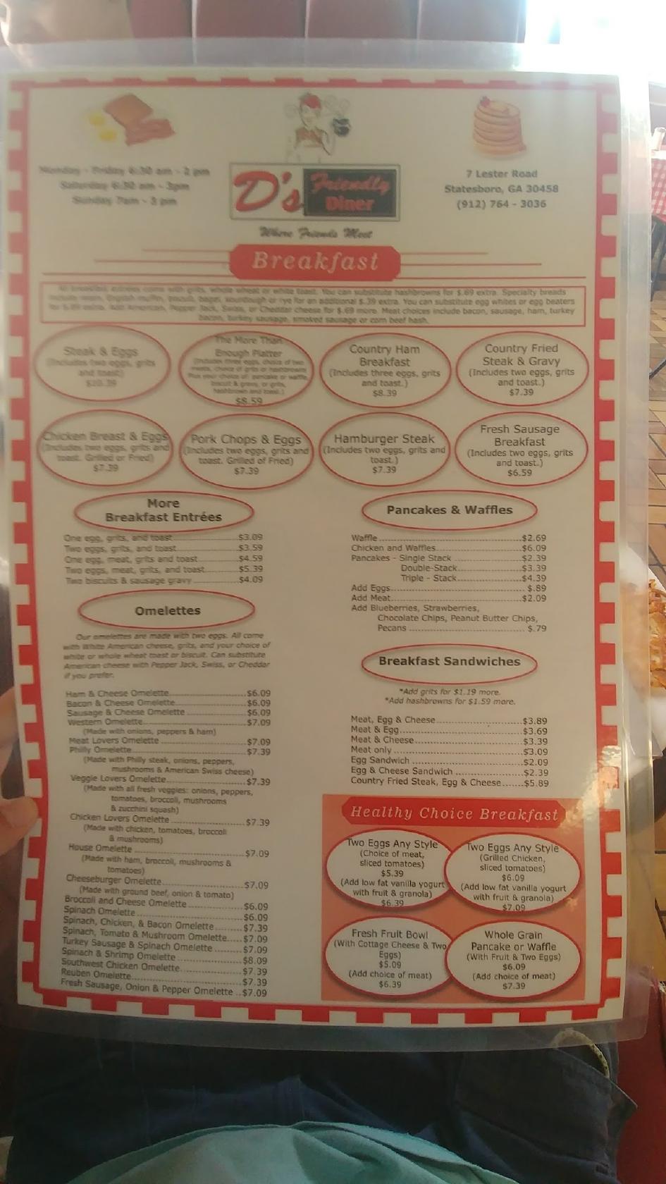 Menu at D's Friendly Diner restaurant, Statesboro