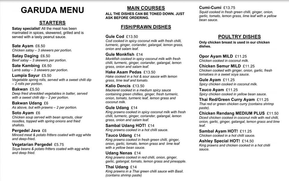 Menu at Garuda Restaurant, Swansea