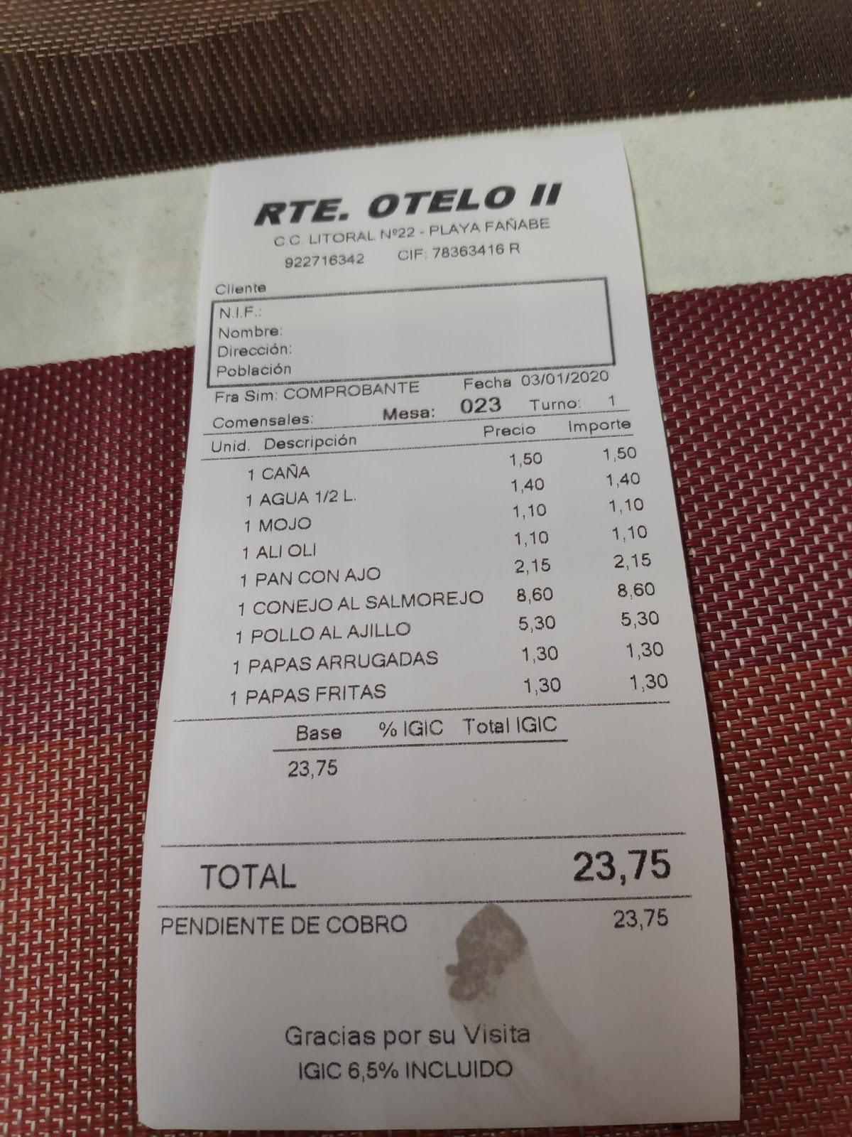Menu at Otelo2 restaurant, Costa Adeje