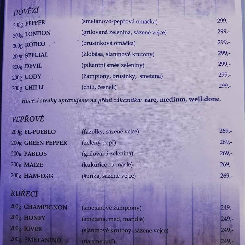 Menu at Kovárna restaurant, Moravský Písek