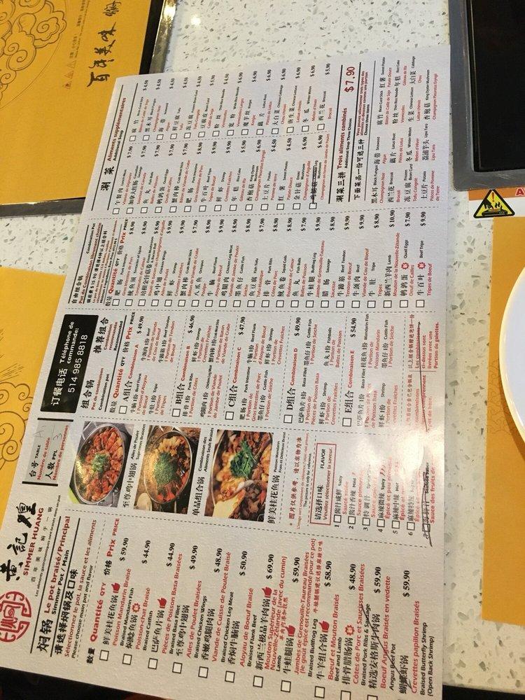 Menu au Simmer Huang restaurant, Montréal