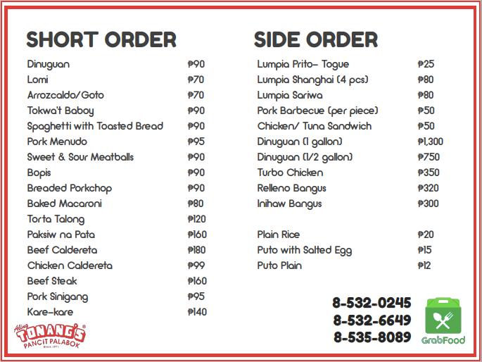 Menu at Aling Tonang's Palabok restaurant, Mandaluyong