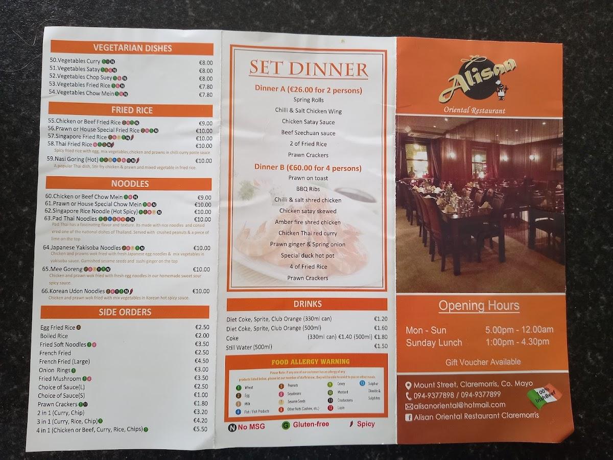 Menu at Alisan Oriental Restaurant, Claremorris