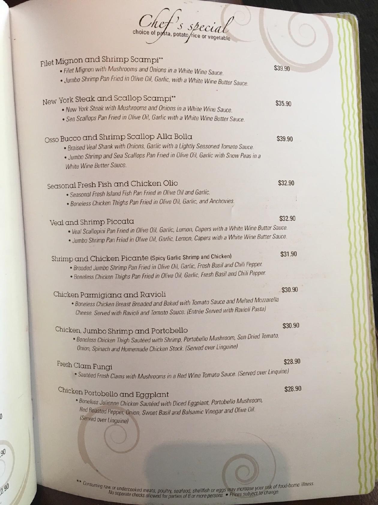 Menu at Assaggio restaurant, Honolulu, Ala Moana Blvd Suite 1259