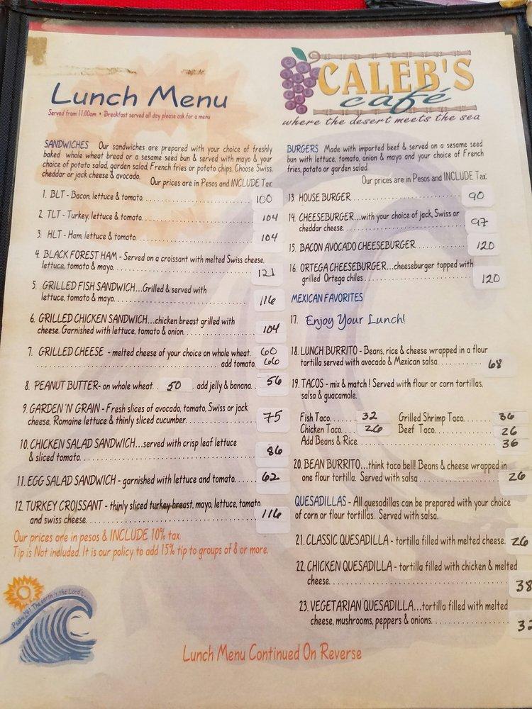 Menu at Caleb's Cafe, Los Barriles