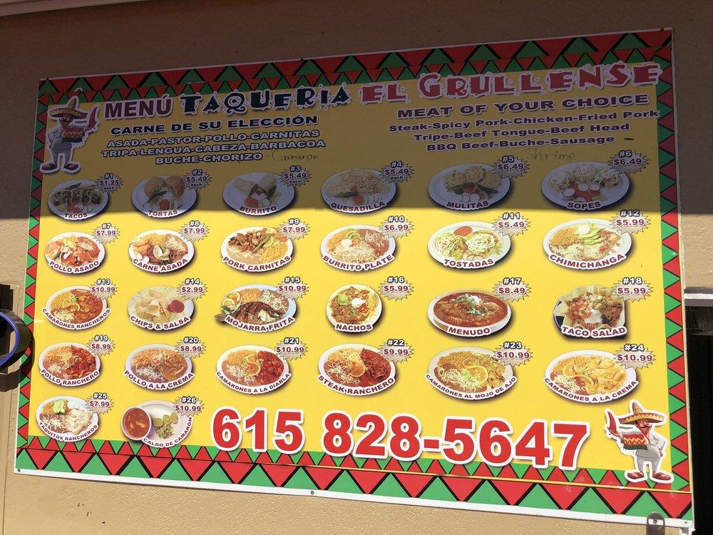 Menu at El Grullense Taqueria restaurant, Hendersonville