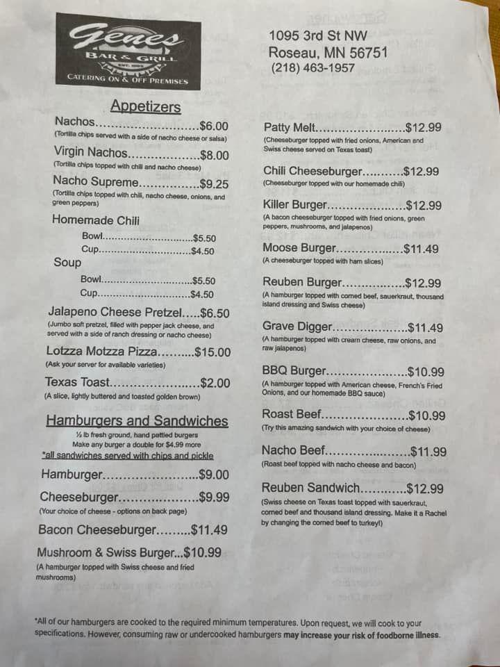 Menu at Gene's Bar & Grill, Roseau