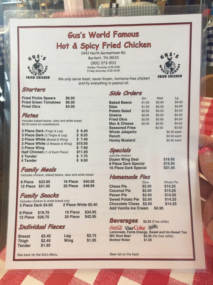 Menu at Gus's World Famous Fried Chicken restaurant, Bartlett, N ...
