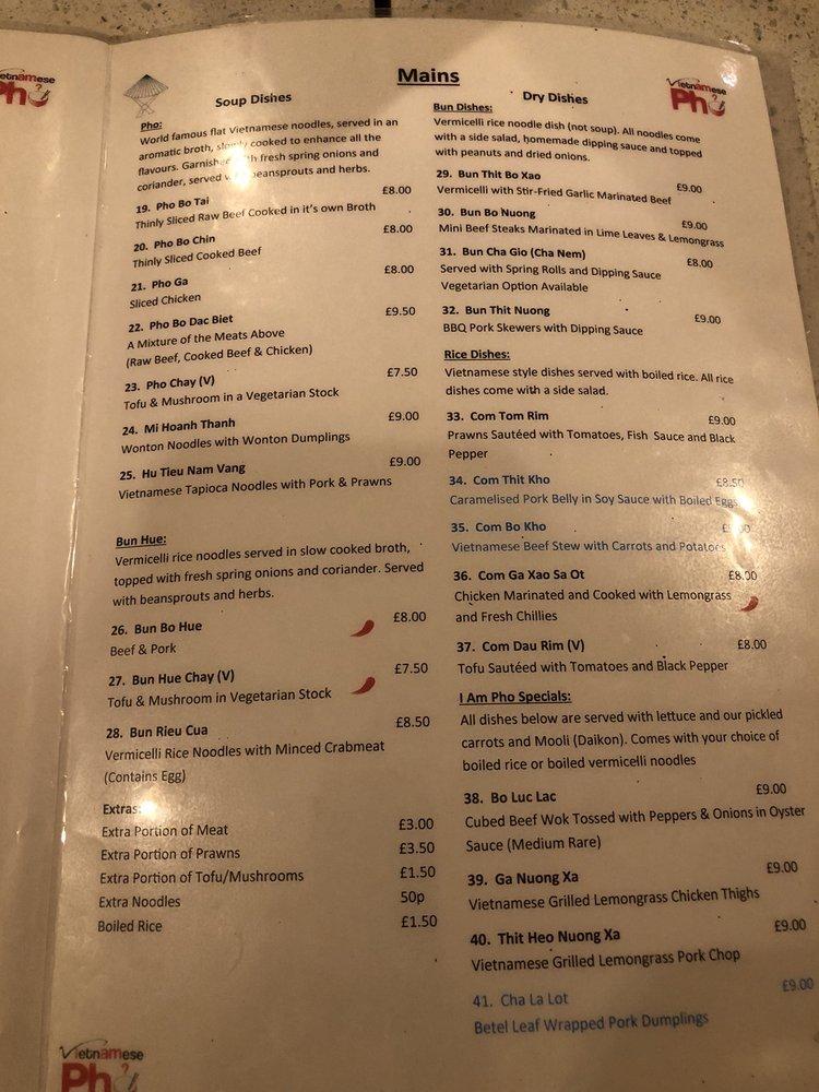 Menu at I Am Pho restaurant, Manchester