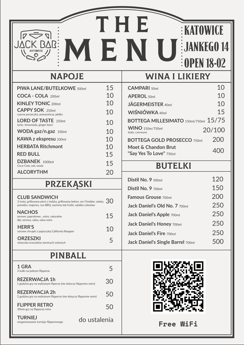 Menu at Jack Bar Katowice, Katowice