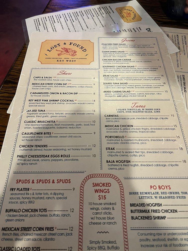 Menu at Lost & Found Key West pub & bar, Key West