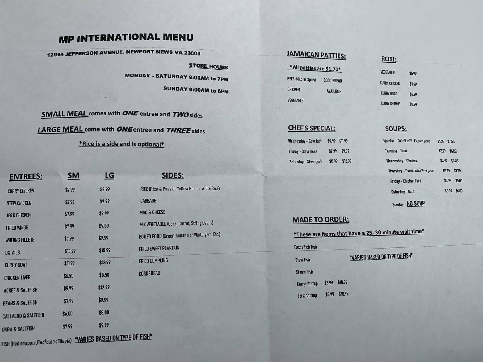 Menu at MP island cafe, Hampton, 203 Richneck Rd