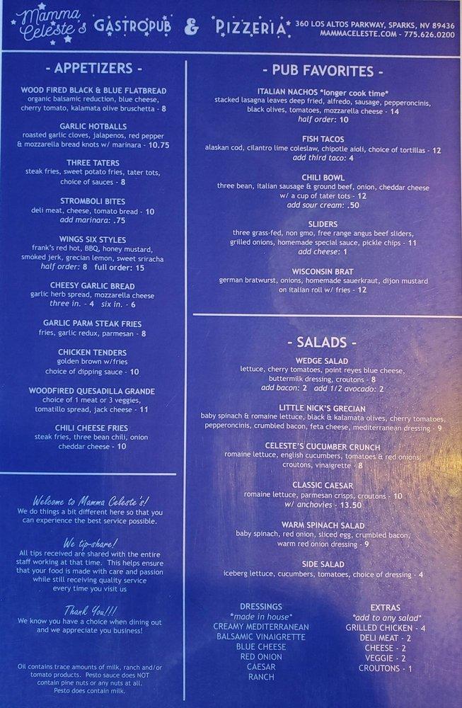 Menu at Mamma Celeste's Gastropub & Pizzeria, Sparks