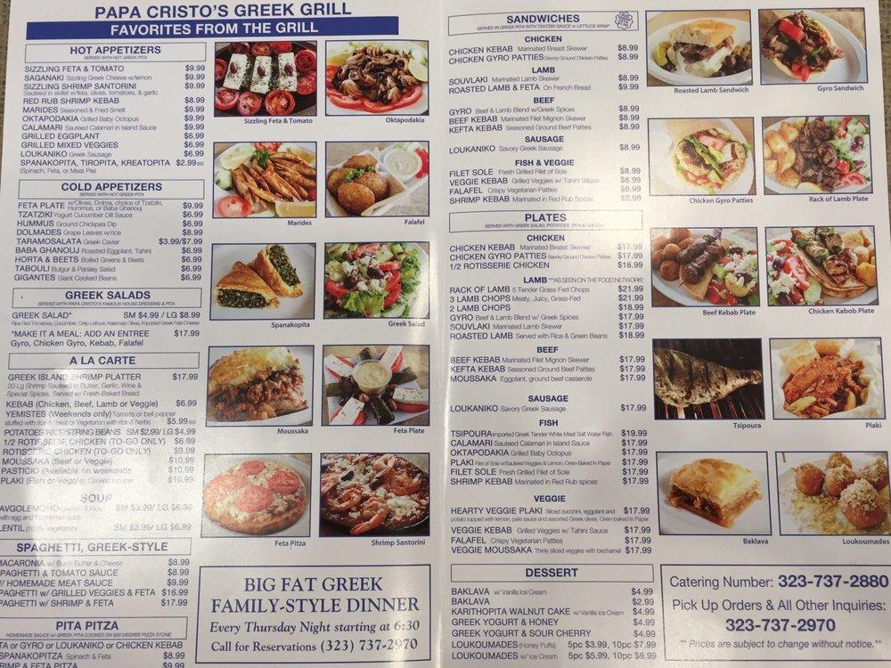 Menu at Papa Cristo's Greek Grill restaurant, Los Angeles