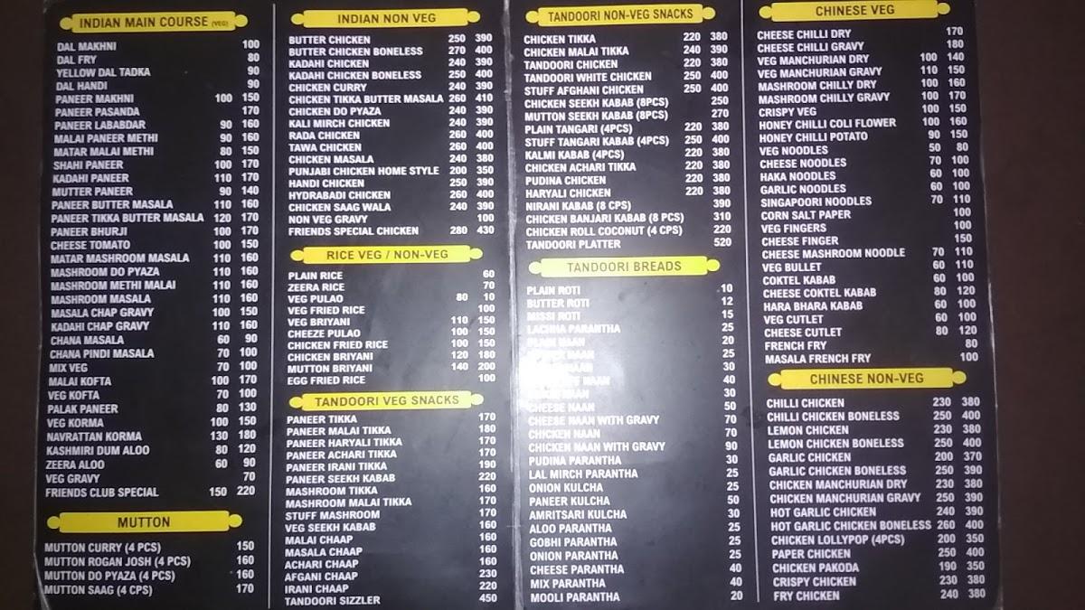 Menu at The Friends Club, Raman
