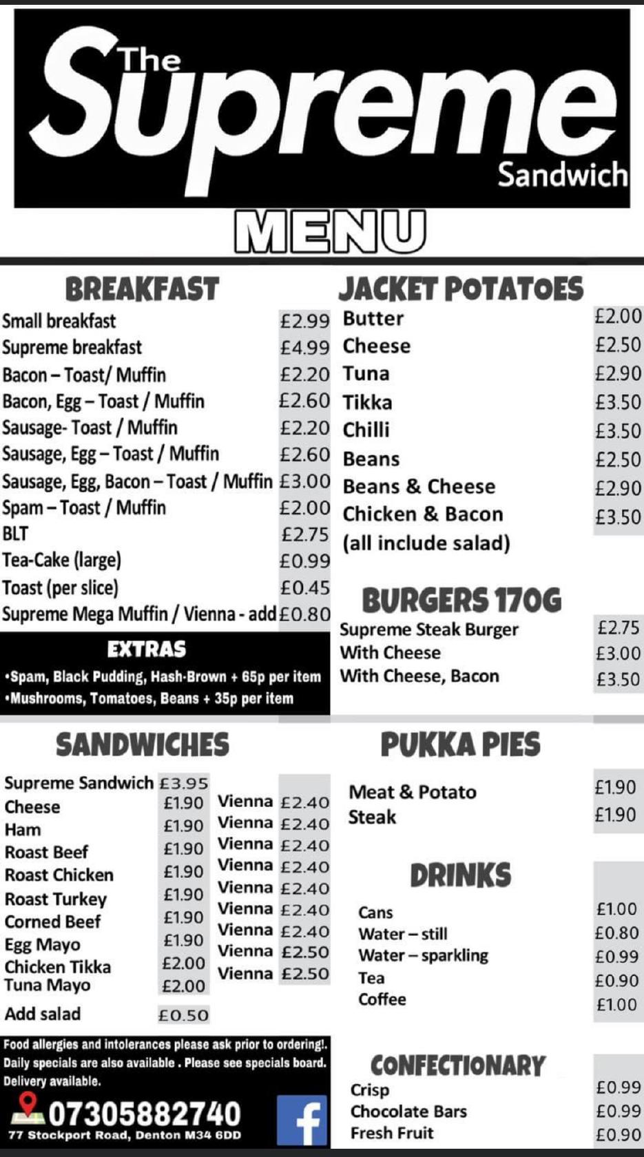 Menu at The Supreme Sandwich, Manchester