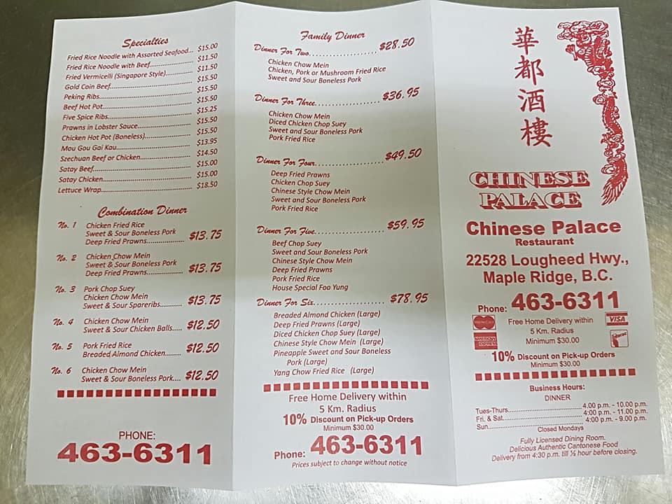 Menu at Chinese Palace Restaurant, Maple Ridge, Lougheed Hwy.