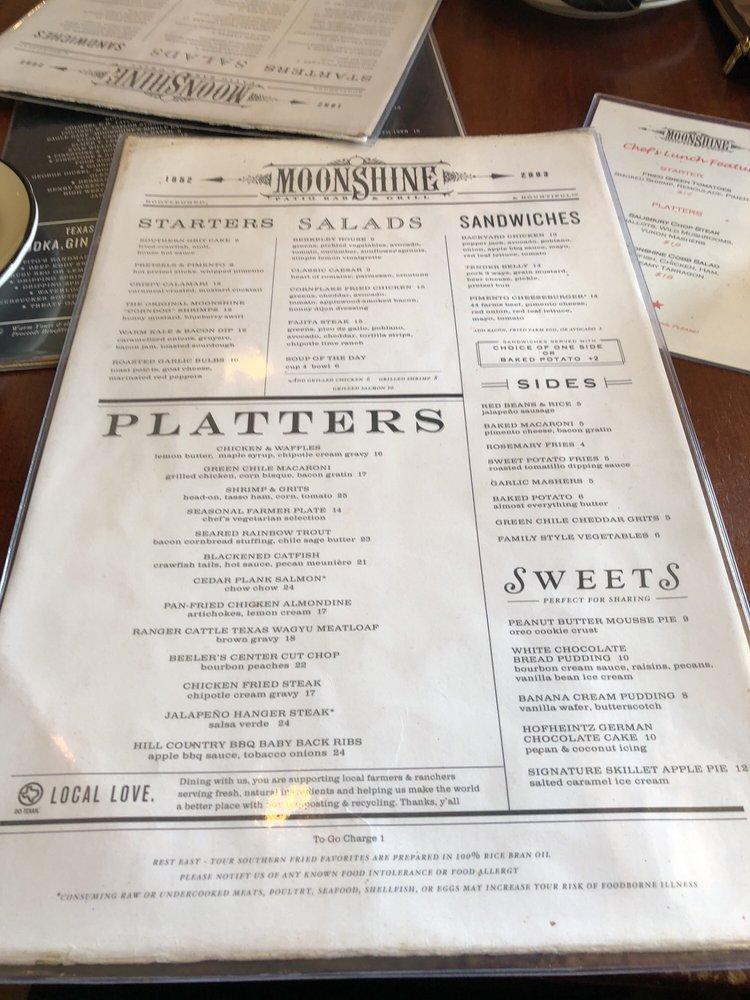 Menu at Moonshine Grill pub & bar, Austin, 303 Red River St