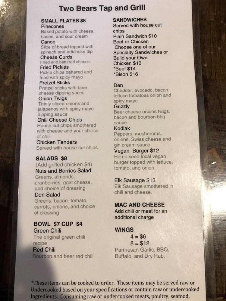 Menu at Two Bears Tap and Grill pub & bar, Idaho Springs