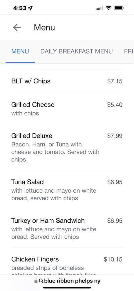 Menu at Blue Ribbon Smokehouse Restaurant & Bakery, Phelps