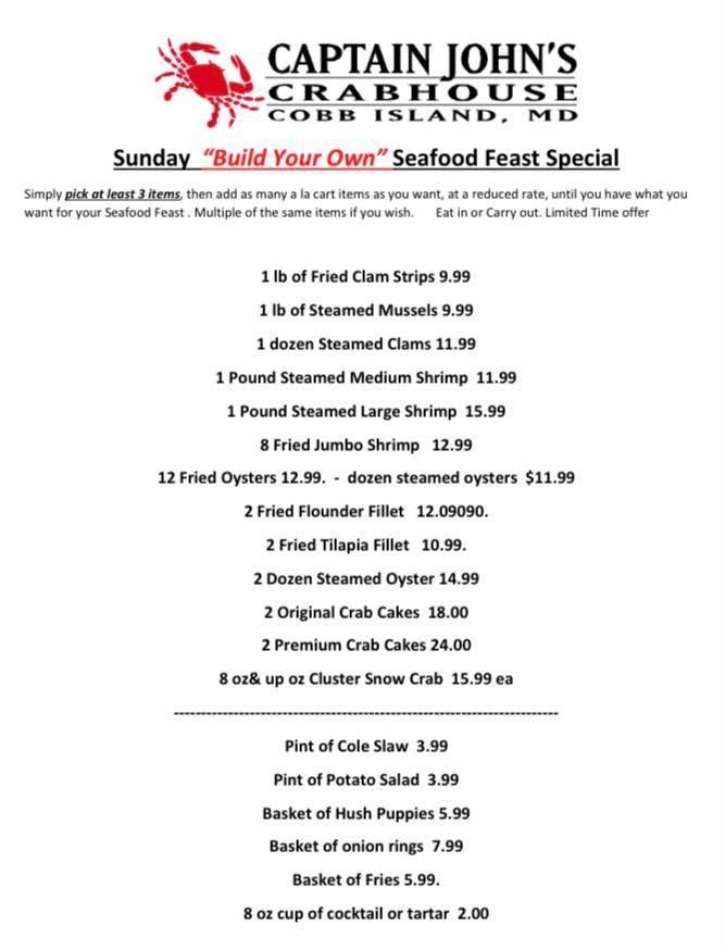 Menu at Captain John's Crab House restaurant, USA