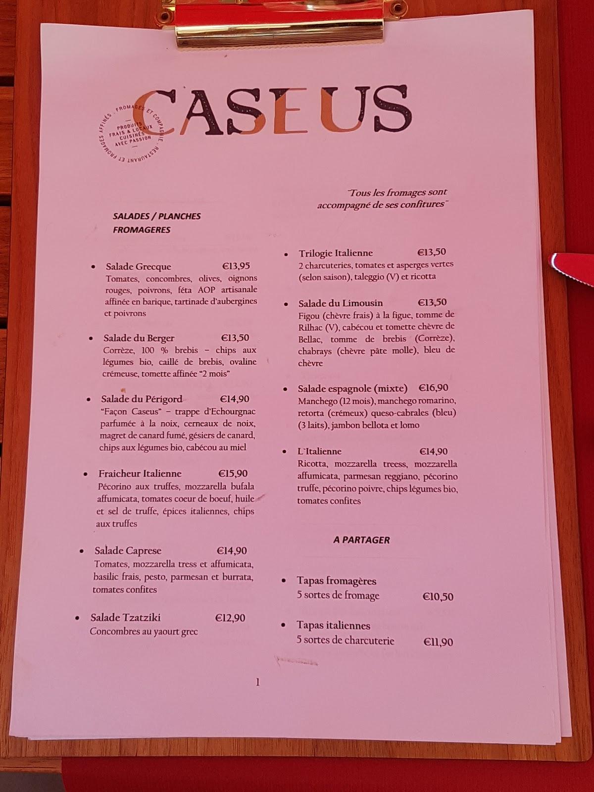 Menu at Caseus restaurant, Limoges