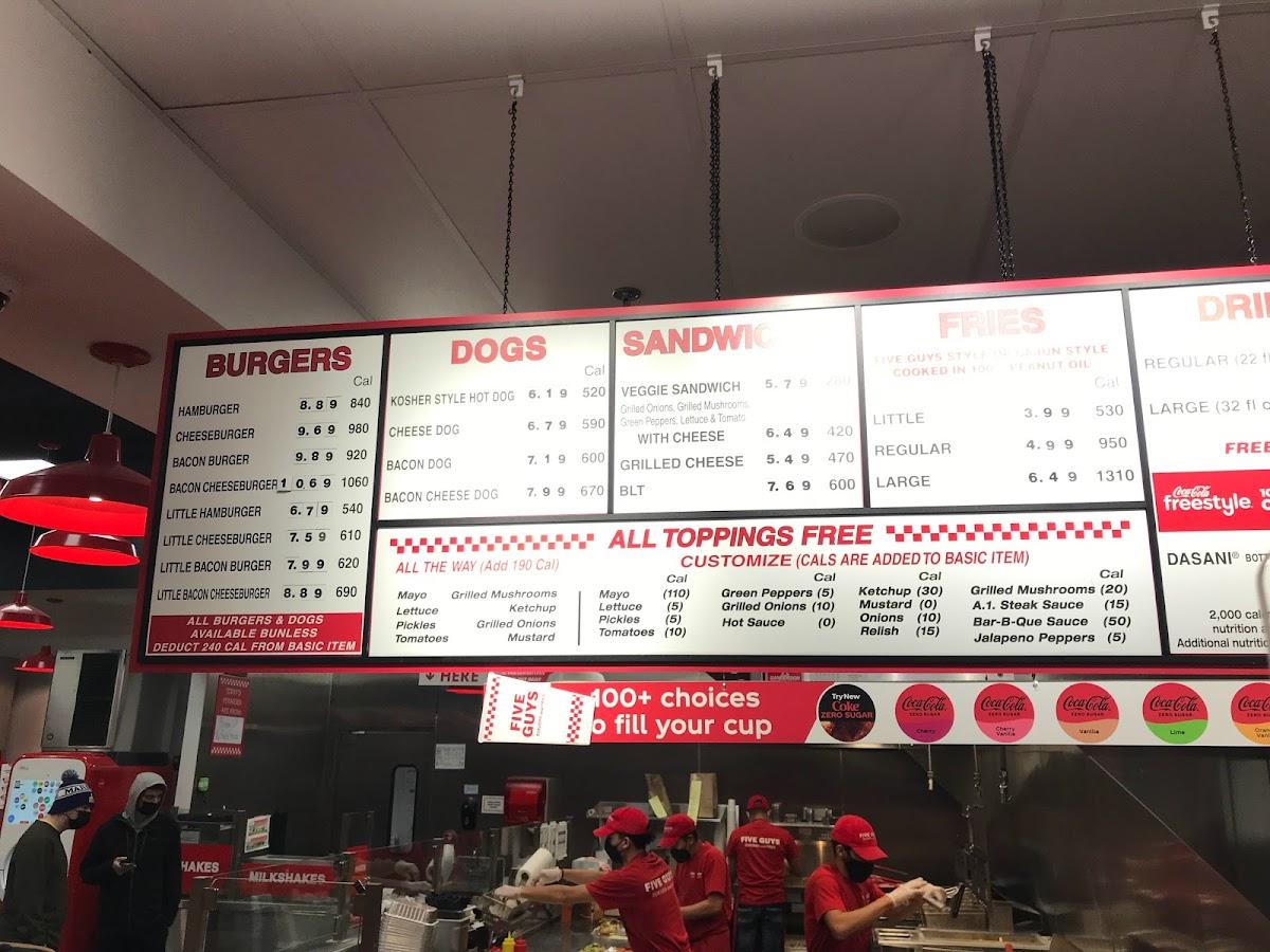 Menu at Five Guys fast food, Redmond, 148th Ave NE #100