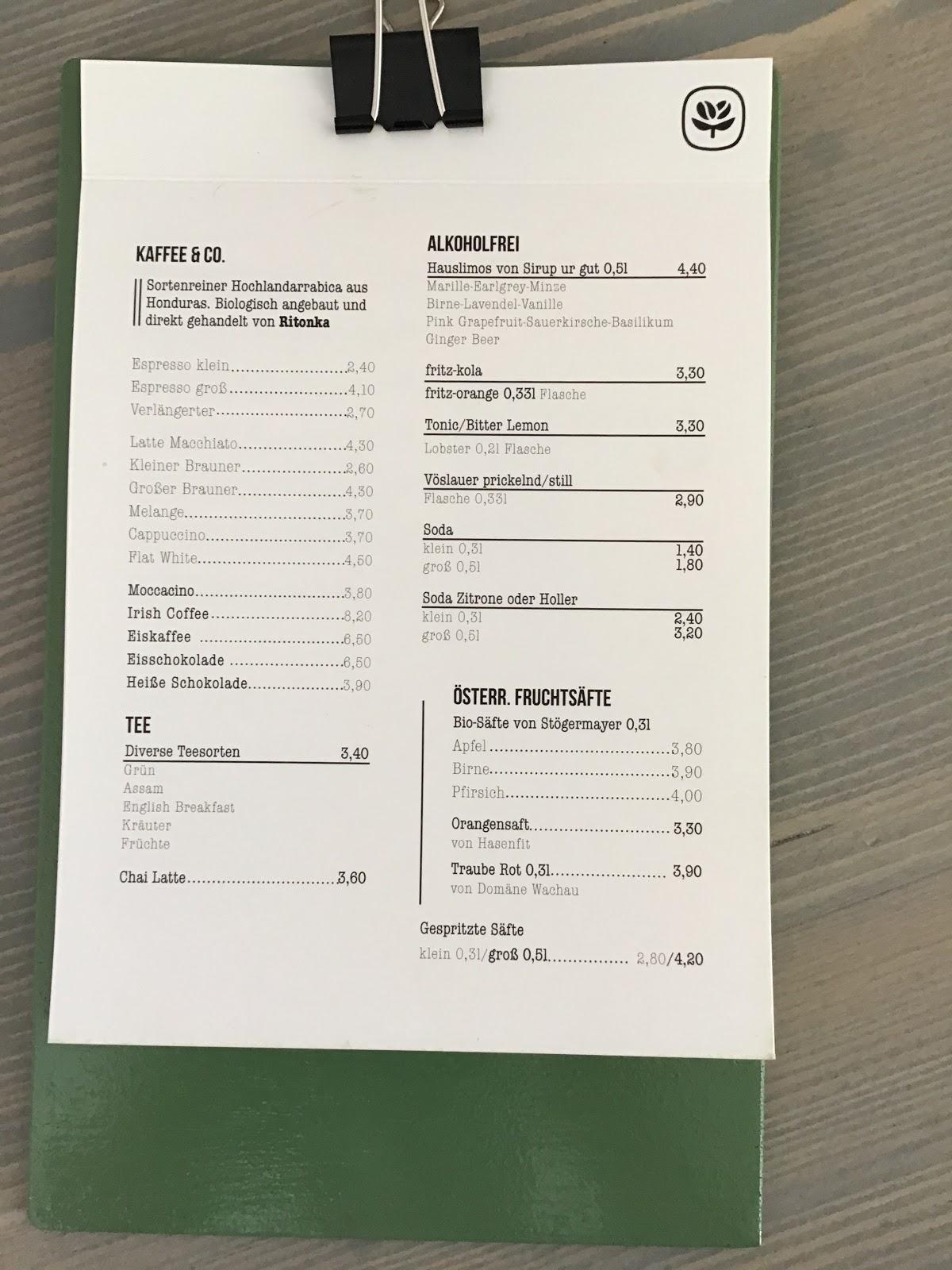 Menu at Gießbach Café restaurant, Vienna