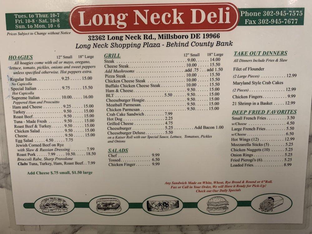 Menu at Long Neck Deli restaurant, Long Neck, Long Neck Rd