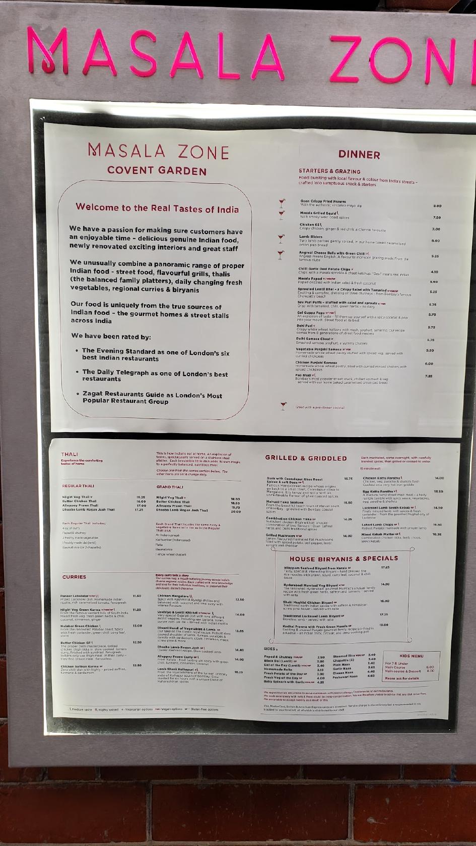 Menu at Masala Zone Covent Garden restaurant, London, 48 Floral St