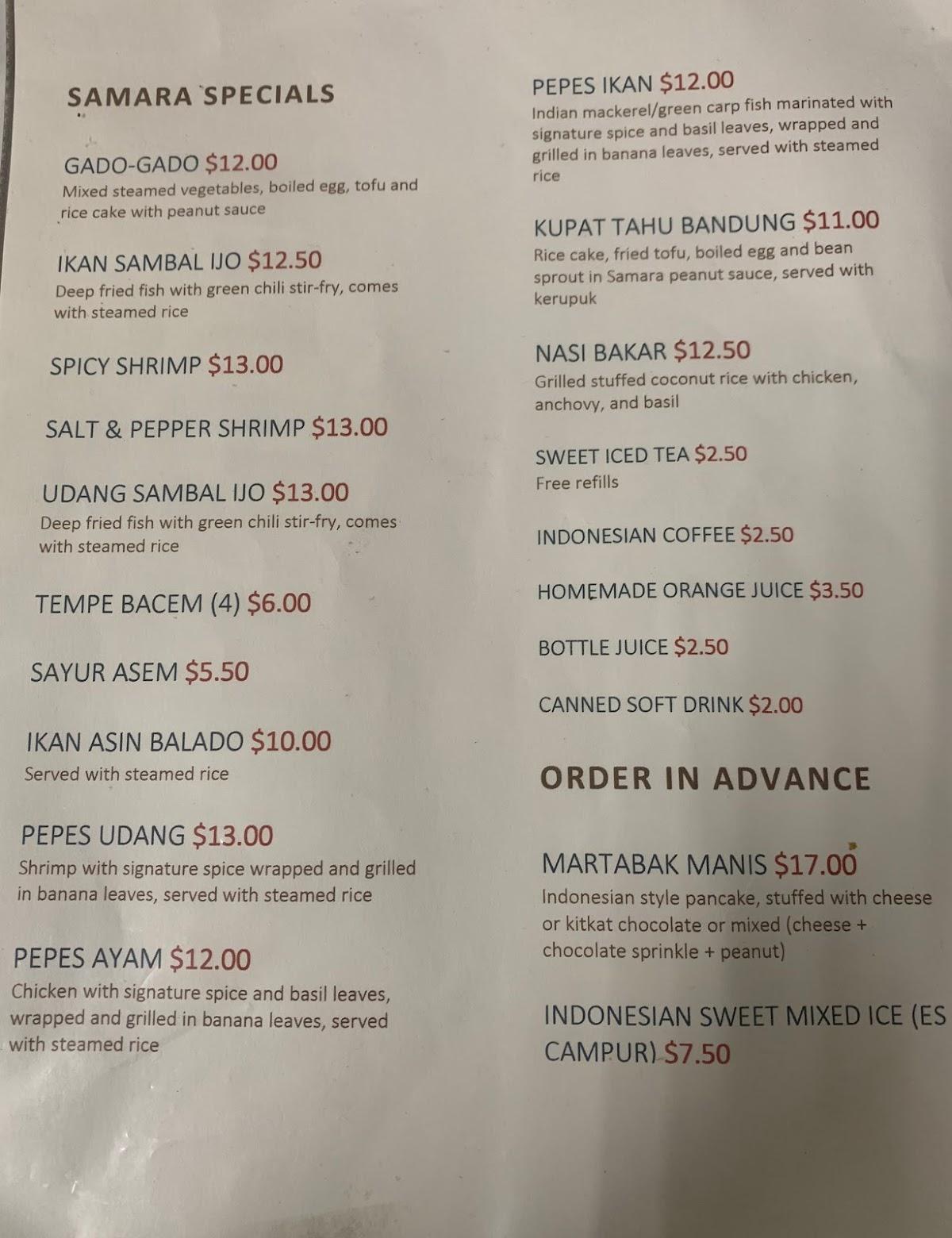 Menu at Samara Kitchen restaurant, Mississauga