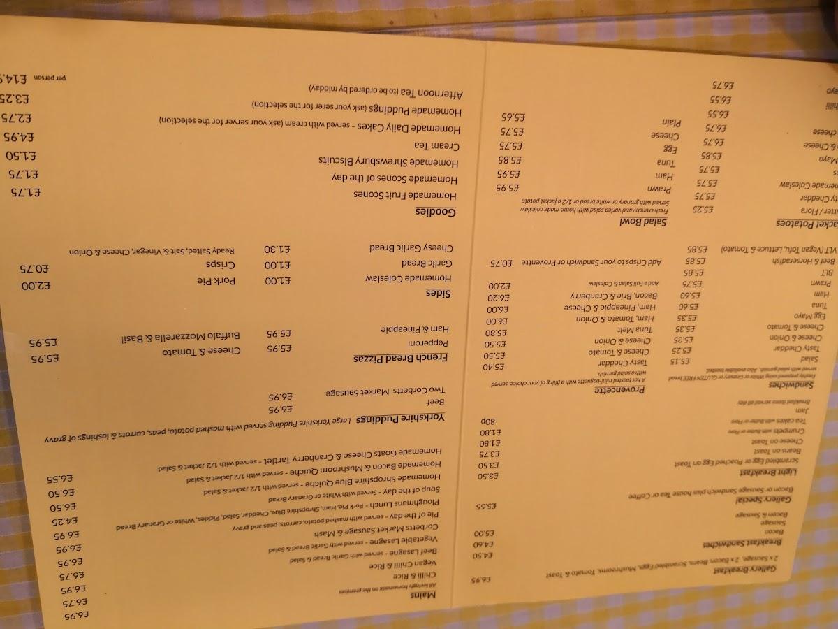 Menu at The Gallery Tearooms cafe, Shrewsbury