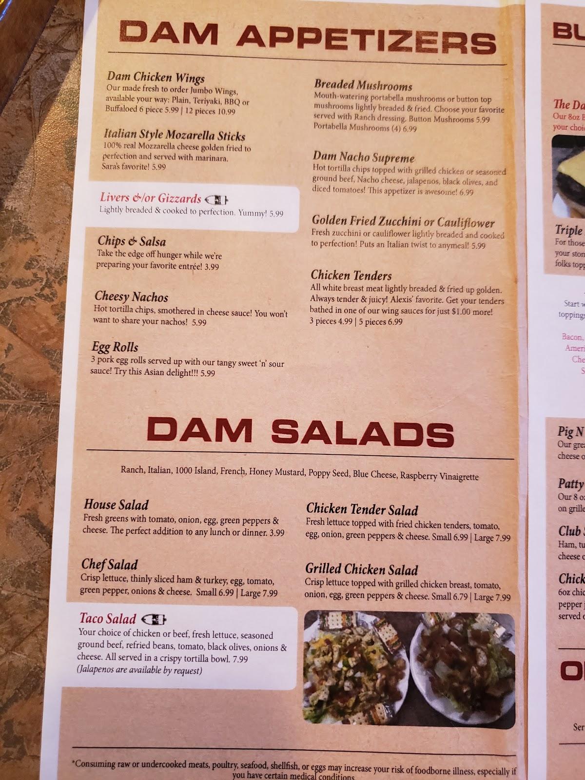 Menu at Dam Restaurant & Lounge, Warsaw, 801 Kennedy Dr