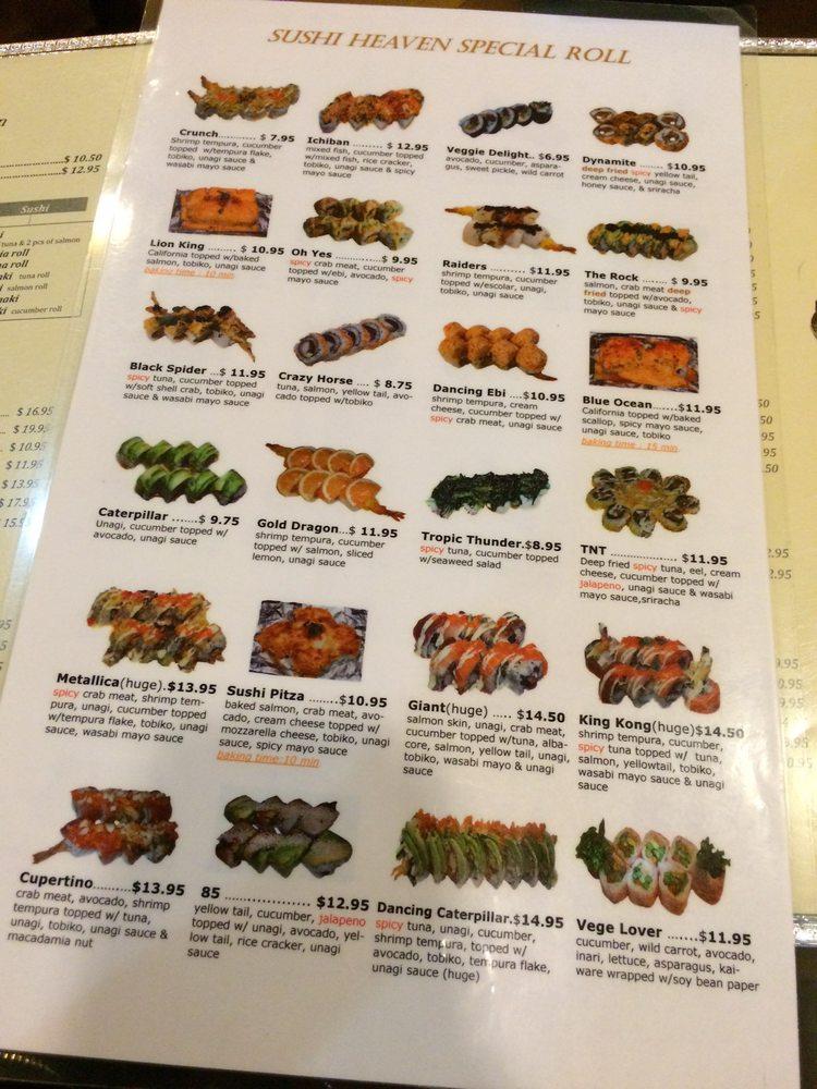 Menu at Sushi Heaven restaurant, Saratoga