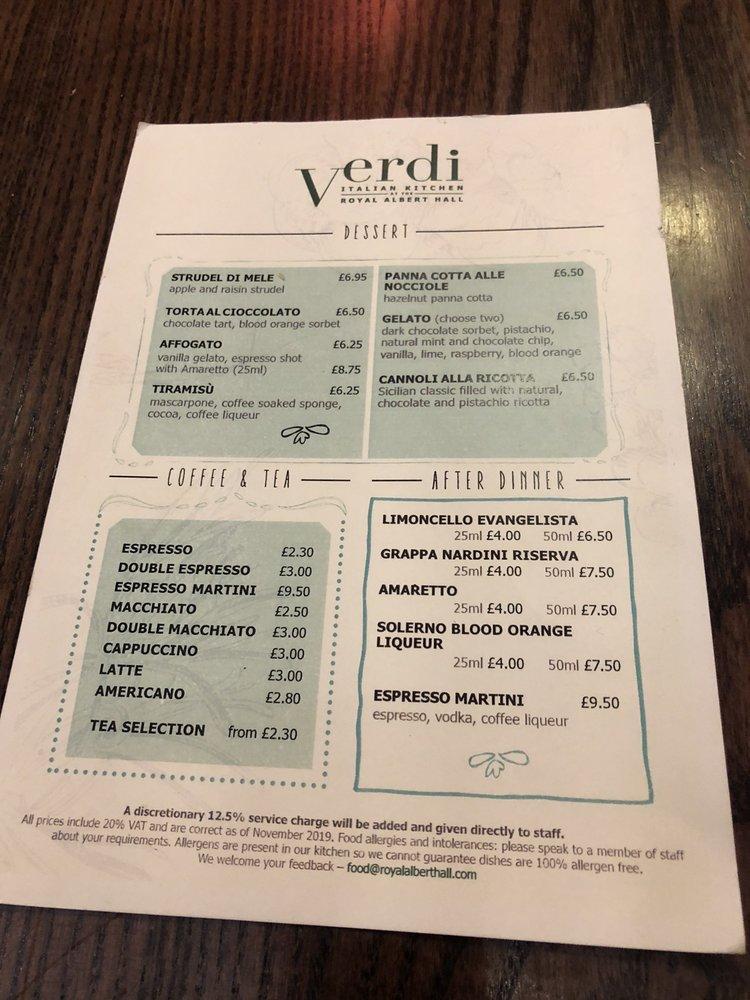 Menu at Verdi - Italian Kitchen at the Royal Albert Hall restaurant, London