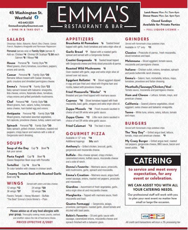 Menu at Emma's Everyday Gourmet Restaurant, Westfield