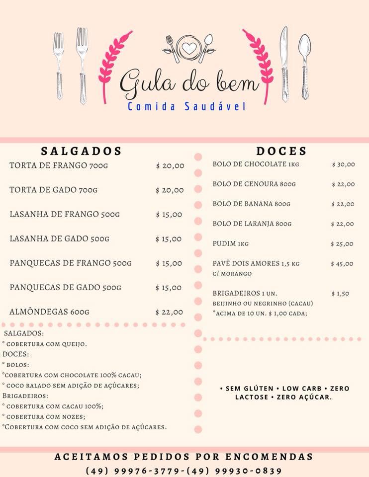 Menu at Gula do Bem restaurant, Brazil