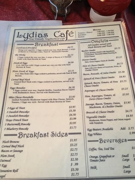 Menu at Lydia's Cafe, Rockford