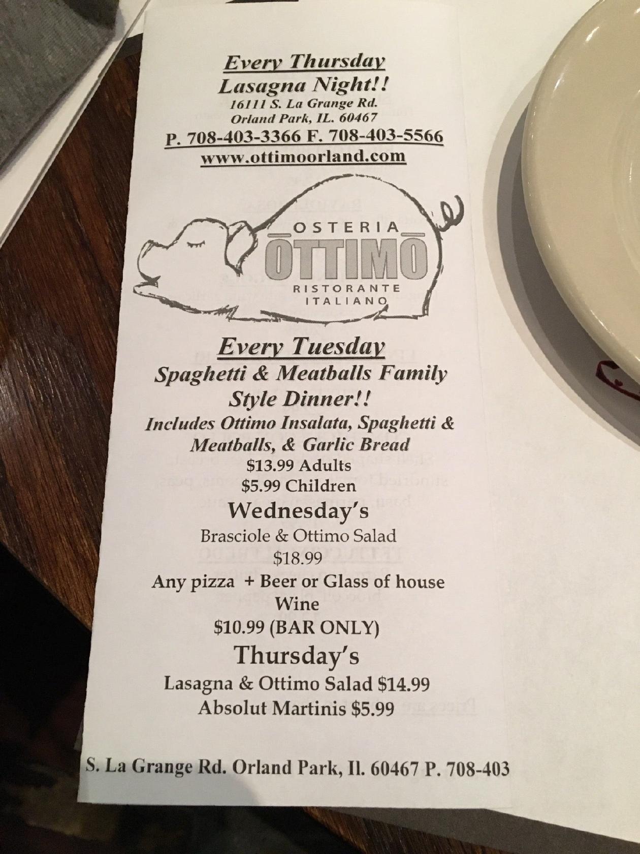 Menu at Ottimo restaurant, Orland Park