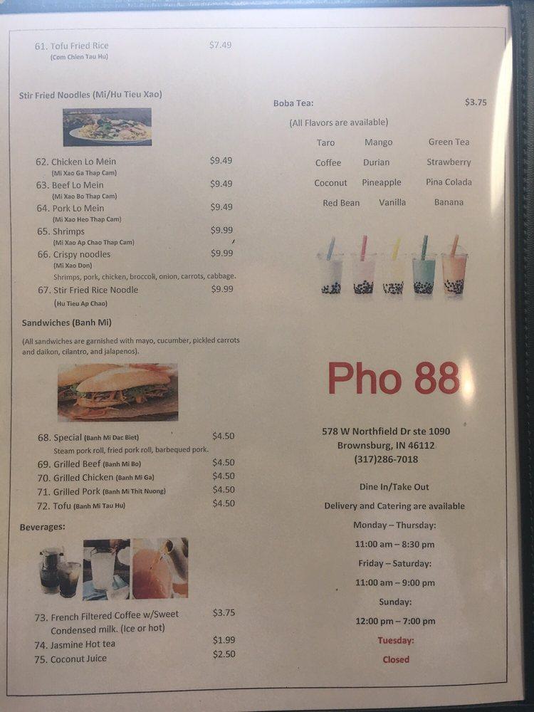 Menu at Pho 88 (Shiba Pho) restaurant, Brownsburg