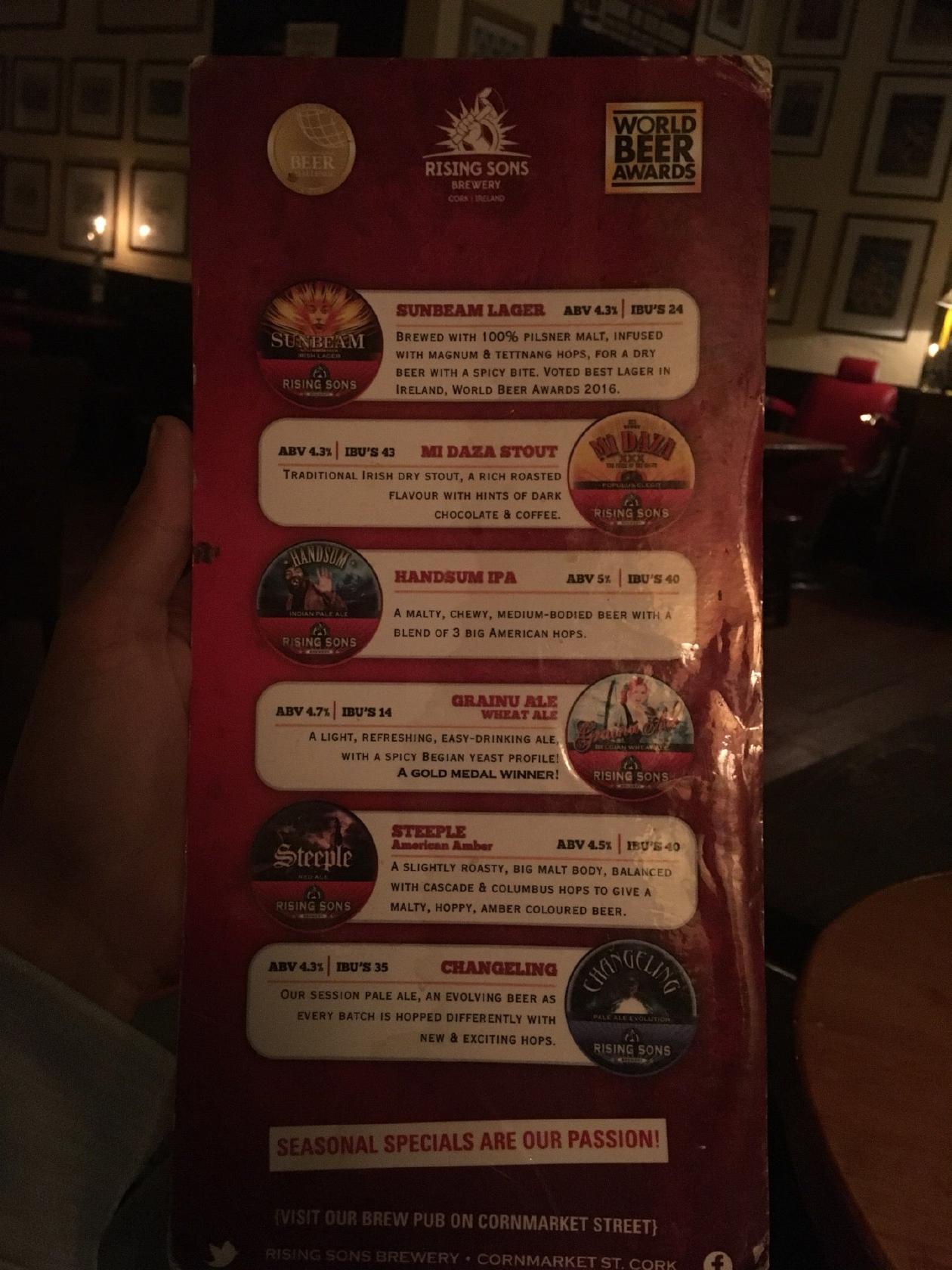 Menu at Sin é pub & bar, Cork
