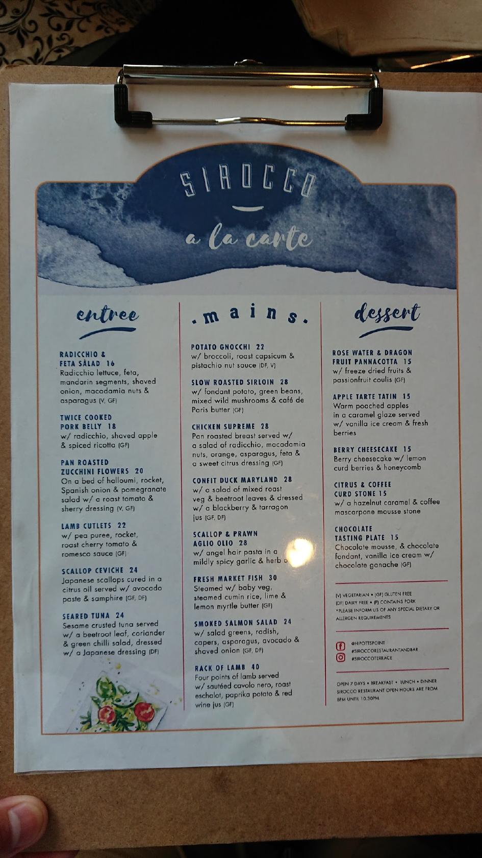 Menu at Sirocco Restaurant & Bar, Potts Point