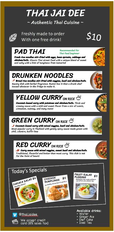 Menu at Thai Jai Dee, Philadelphia