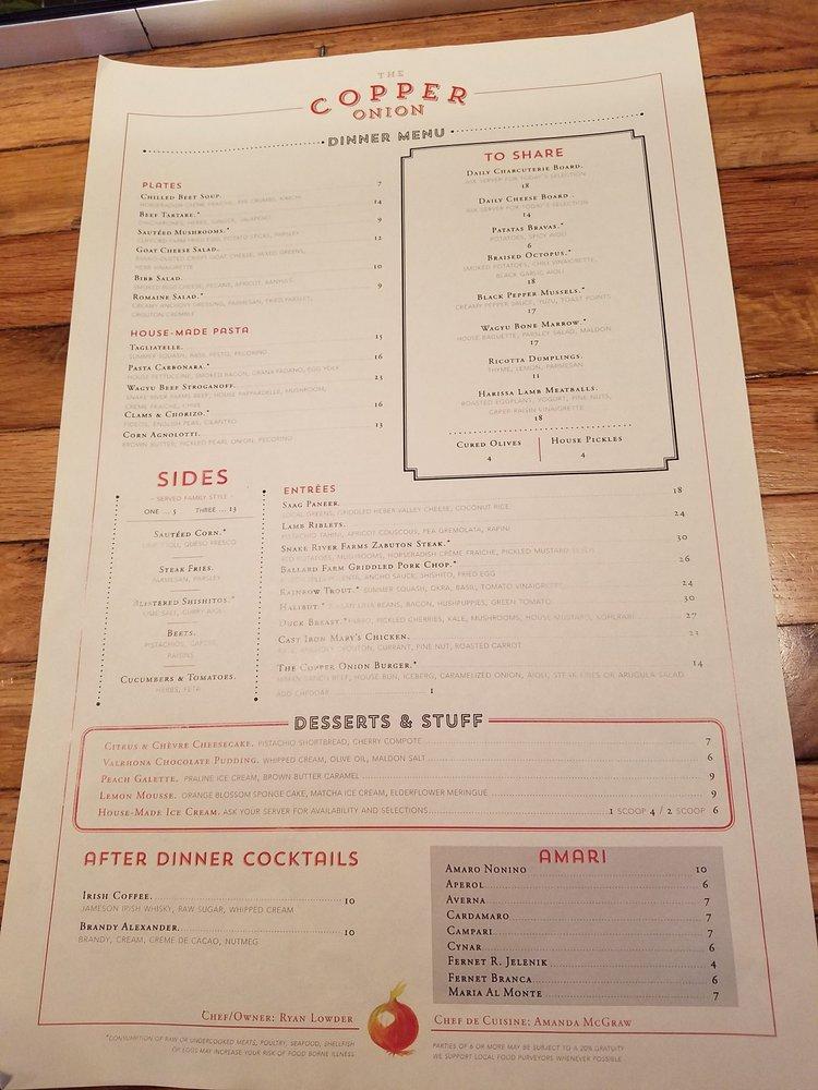 Menu at The Copper Onion restaurant, Salt Lake City