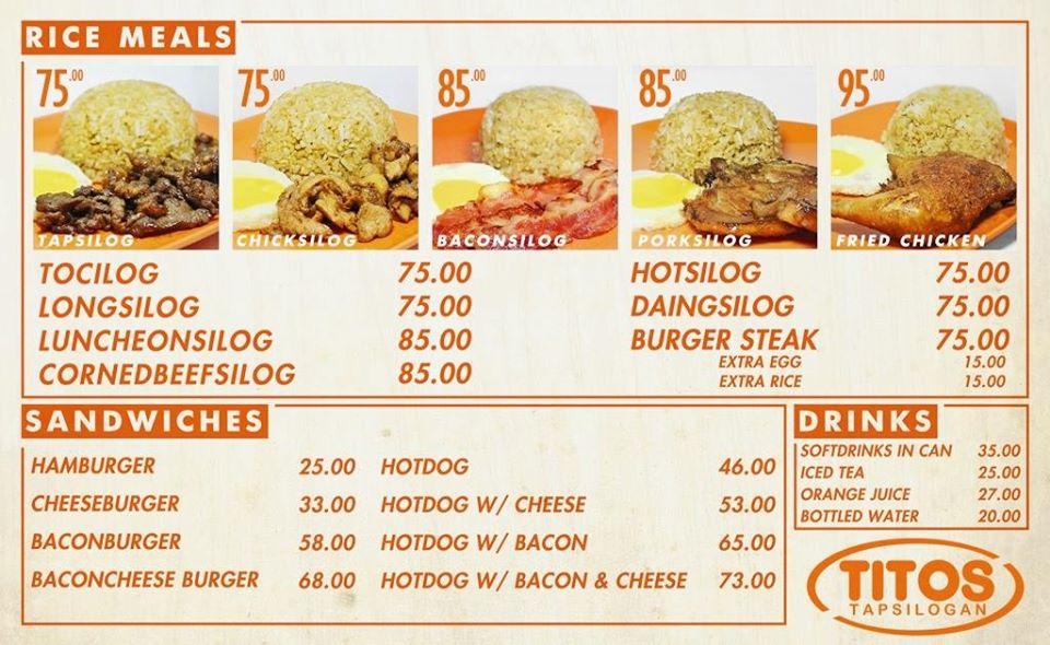 Menu at Titos Tapsilogan restaurant, Pasay